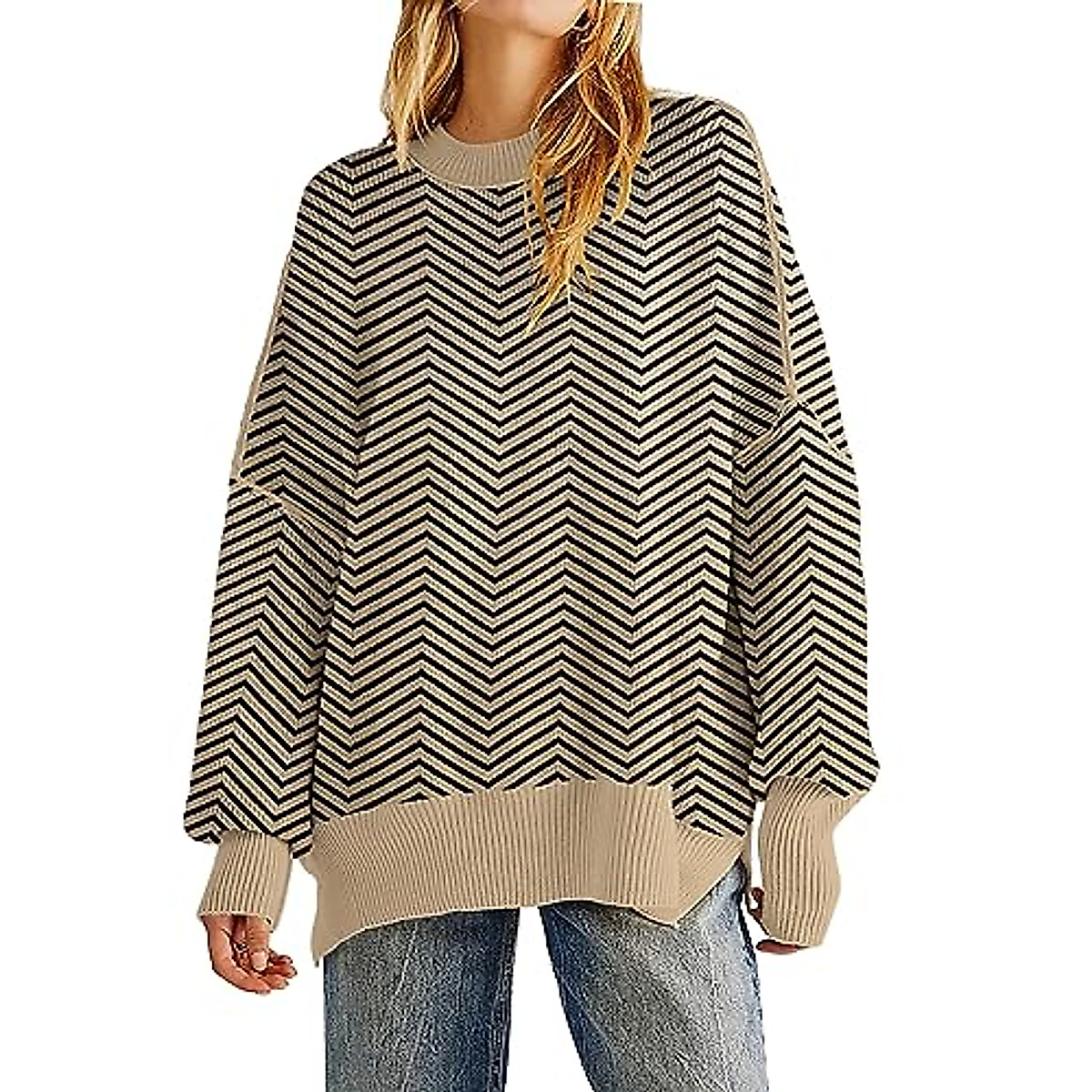 Women's Oversized Crewneck Sweaters Batwing Long Sleeve Side Slit Ribbed Knit Pullover Sweater Tops C-Khaki