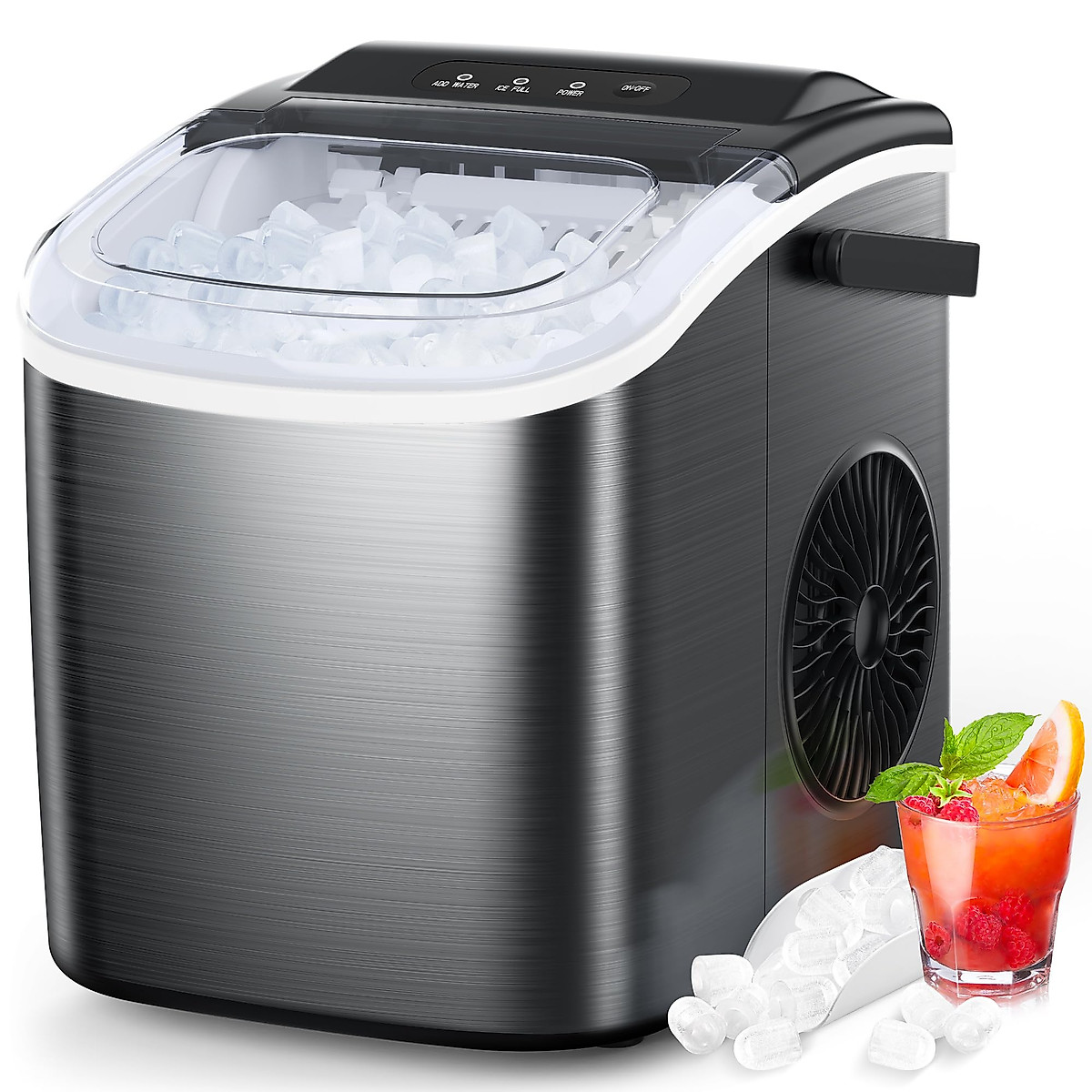 COWSAR Ice Maker Countertop, Stainless Steel Portable Ice Maker Machine with Self-Cleaning, 26.5lbs/24Hrs, 6 Mins/9 Pcs Bullet Ice, Perfectly for Home Use, Gift