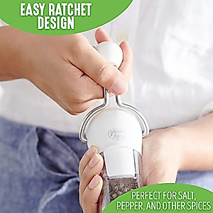 GreenLife Salt and Pepper Grinder, Mess-Free Ratchet Mill, Adjustable Coarseness and Easily Refillable, White 1/3 Cup Capacity