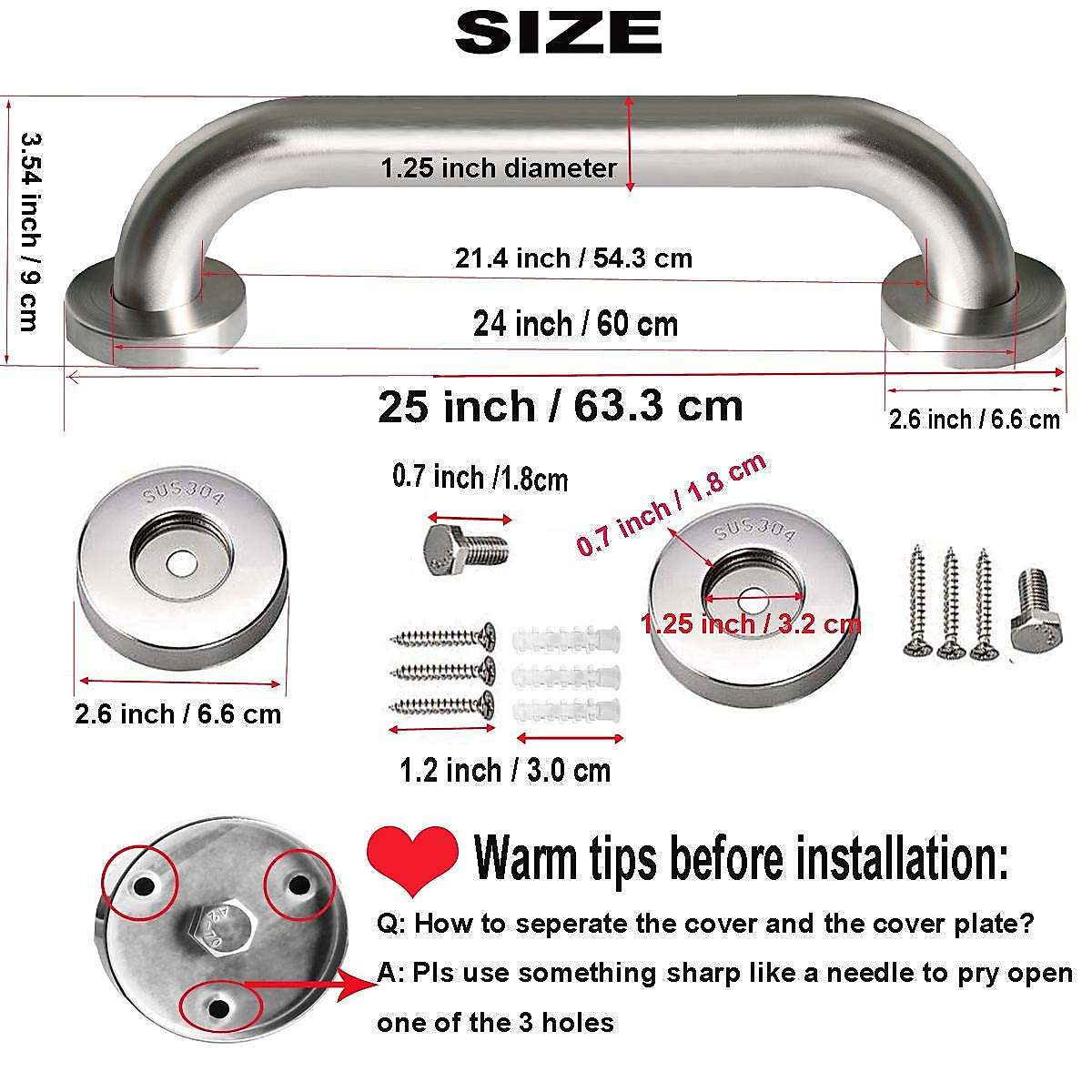 2 Pack 24 Inch Shower Grab Bar, ZUEXT Satin Brushed Nickel Stainless Steel Bathroom Grab Bar, Shower Balance Bar,Safety Hand Rail Support,Handicap Elderly Senior Assist Bath Handle(1.25" Diameter)