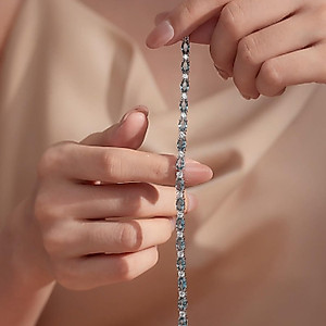 FANCIME Sterling Silver Created Aquamarine Tennis Bracelet March Birthstone Bracelet Cubic Zirconia Oval Gemstone Dainty Charm Fine Jewelry for Women 7"