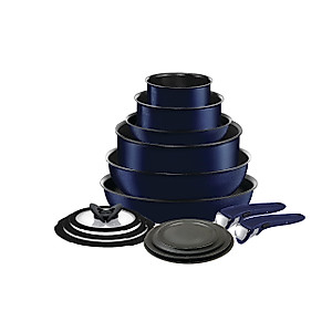 T-fal Ingenio Expertise Non Stick Cookware Set 14 Piece, Induction Oven Broiler Safe 500F, Detachable/ Removable Handle, Kitchen, Pots and Pans, RV, Camping, Fry Pans, Saucepans, Dishwasher Safe, Blue