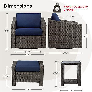 CHITA 5 Pieces Wicker Patio Furniture Set, Outdoor Conversation Set with 2 Pieces Rattan Swivel Chairs, 2 Pieces Ottomans, Thickened Cushions and Side Table, Blue Cushions with Grey Wicker