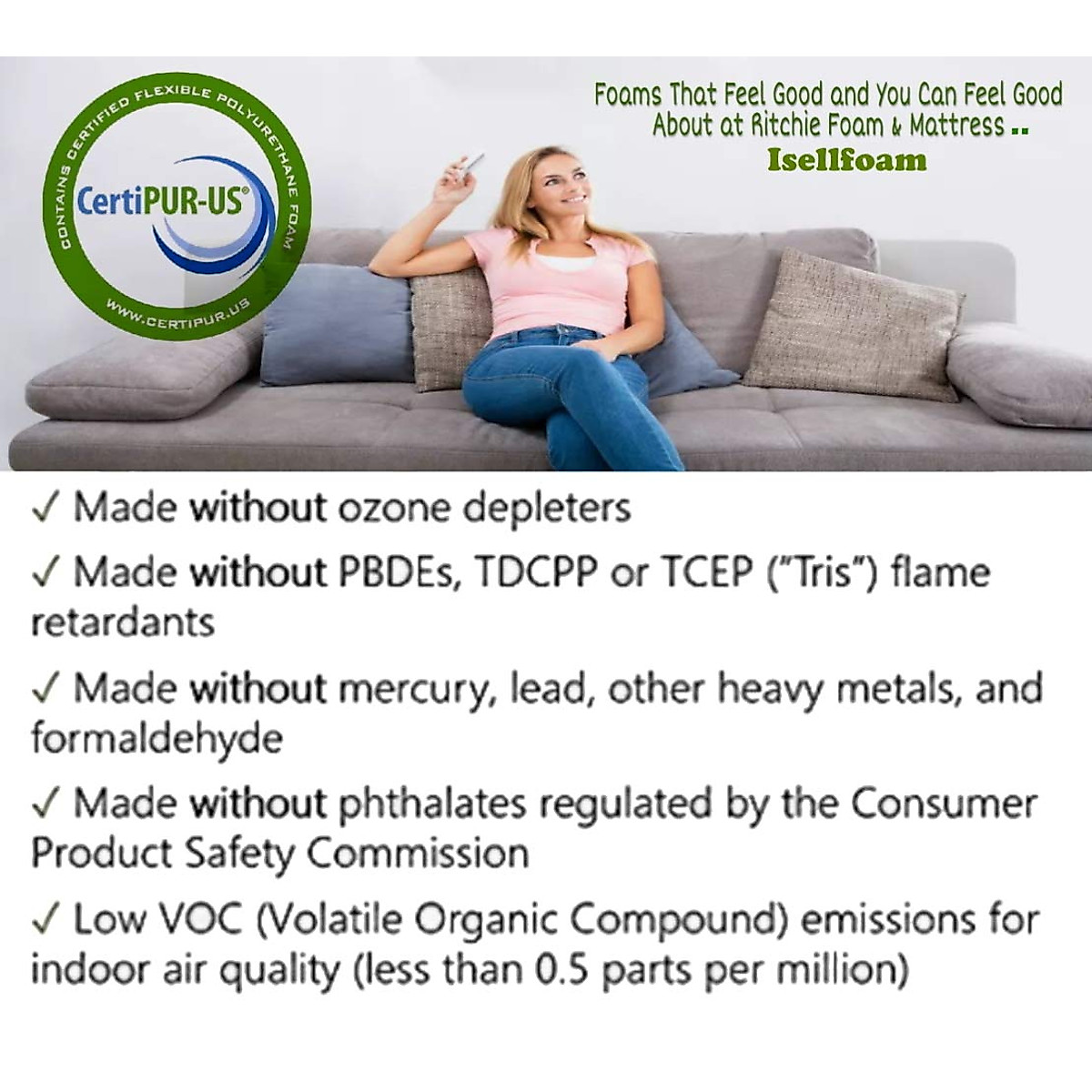 Isellfoam High Density Upholstery Foam 6 inches Height x 30 inches Width x 80 inches Length (Firm) Density 46ILD High Density Upholstery Foam Cushion CertiPUR-US Certified Foam, Made in USA