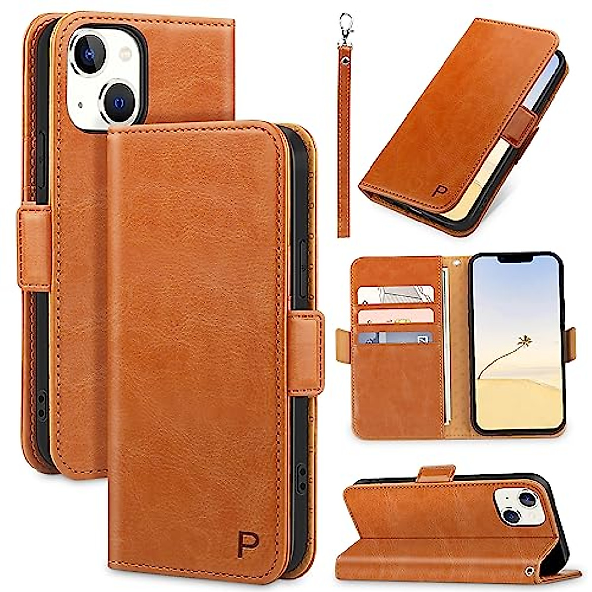 Bizzib for iPhone 13 Case Leather Wallet with Card Holder[ RFID Blocking] 360 Full Shockproof Protection Magnetic Closure Phone Cover with Card Slots and Wrist Strap for Apple iPhone 13 6.1in-Brown