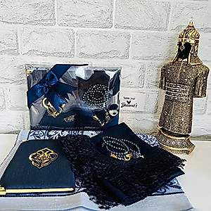 Muslim Prayer Rug, Yaseen Surah Pocket-Size Book, Fancy Shawl & Prayer Beads, Perfect Islamic Gift I Mawlid Gift I Suitable for Women, Kids I Soft Islamic Mat | Islamic Ramadan Eid Gifts (Blue)