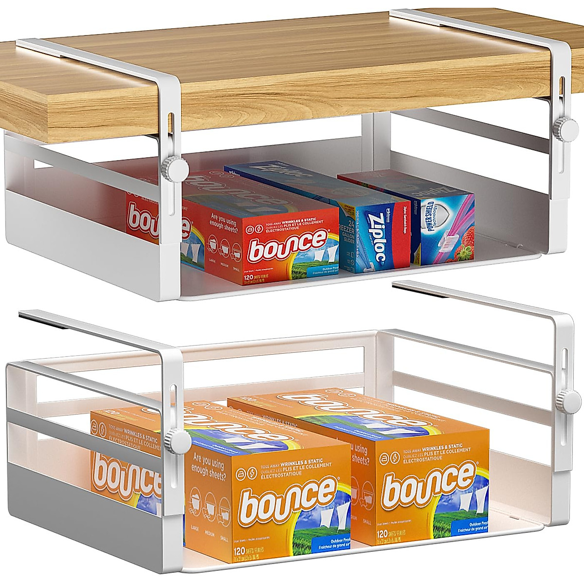 AmonHouseware 2 Pack Under Shelf Storage Basket Organizer,Adjustable Hanging Under Cabinet Add-on Storage Racks Slide-in Baskets Organizer for Laundry Room Kitchen Pantry Desk Bookshelf, White