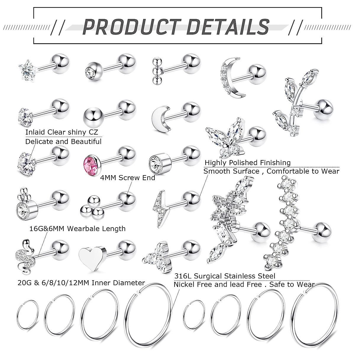 BESTEEL 28 Pcs 16g Cartilage Earring Stud Hoop for Women Tragus Stud Earring Cartilage Piercing Jewelry Surgical Steel Forward Helix Earrings Hoop Rook Daith Conch Piercing Jewelry Silver
