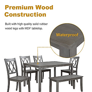 Harper & Bright Designs 6-Piece Dining Set with Bench, Kitchen Table Set with Wood Table, Bench and 4 Cross Back Dining Chairs, Graywash