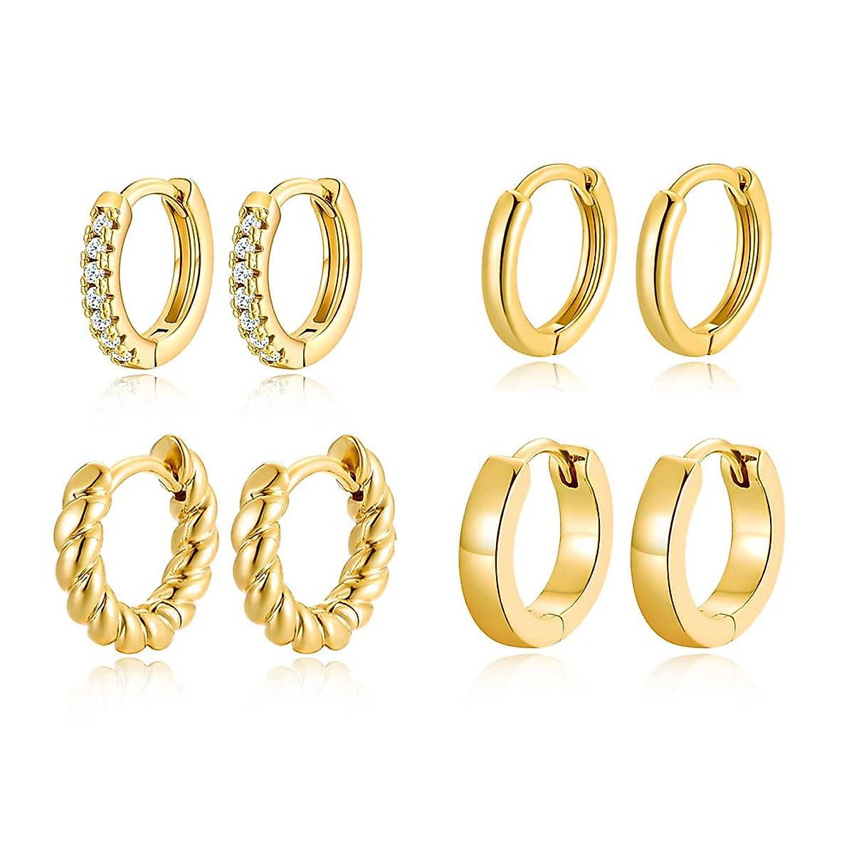 4 Pairs 14k Gold Hoop Earrings Set Twisted Glossy Zirconia Small Huggie Earrings For Multiple Piercing Cuff Cartilage Jewelry For Women