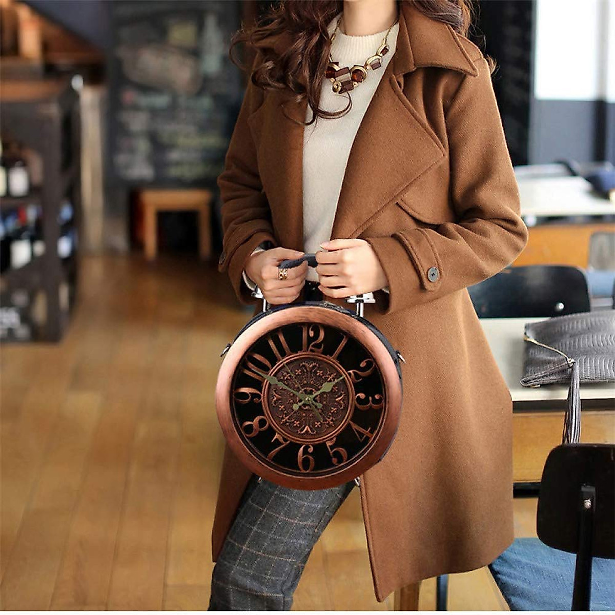 Alarm Clock Handbag Real Working Women Fashion Diagonal Shoulder Bag Leather Vintage Clock Round Box Personalized SteamPunk Style Messenger bag (A)