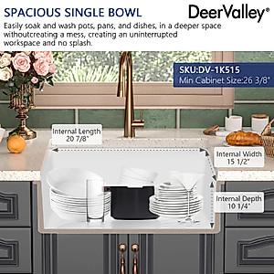 Single Bowl Drop in Kitchen Sink DeerValley DV-1K515 Glen 24" L x 18" W Fireclay Undermount Kitchen Sink White Deep Bowl Sink with Sink Grid and Basket Strainer