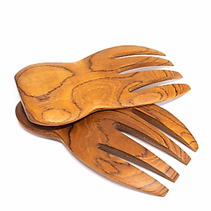 Rainforest Bowls Javanese Teak Wood Salad Serving Hands w/Knob Handles - Perfect for Mixing, Tossing & Serving Salad - Ultra-Durable- Premium Wooden Design Handcrafted by Indonesian Artisans