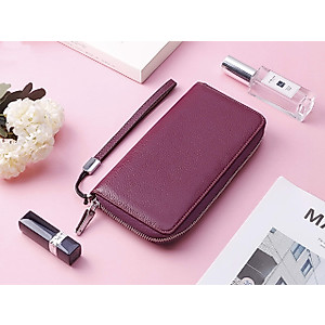 Lavemi Women's RFID Blocking 100% Leather Large Capacity Zip Around Wallet Phone Holder Clutch Travel Purse Wristlet(Large Size Pebbled Dark Magenta)