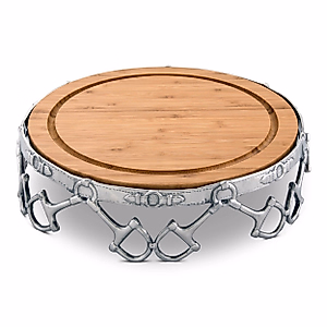 Arthur Court Aluminum Alloy Equestrian D-Ring Pattern Pedestal Cheese/Cake Stand with Removable Acacia Board 13 Inch Diameter