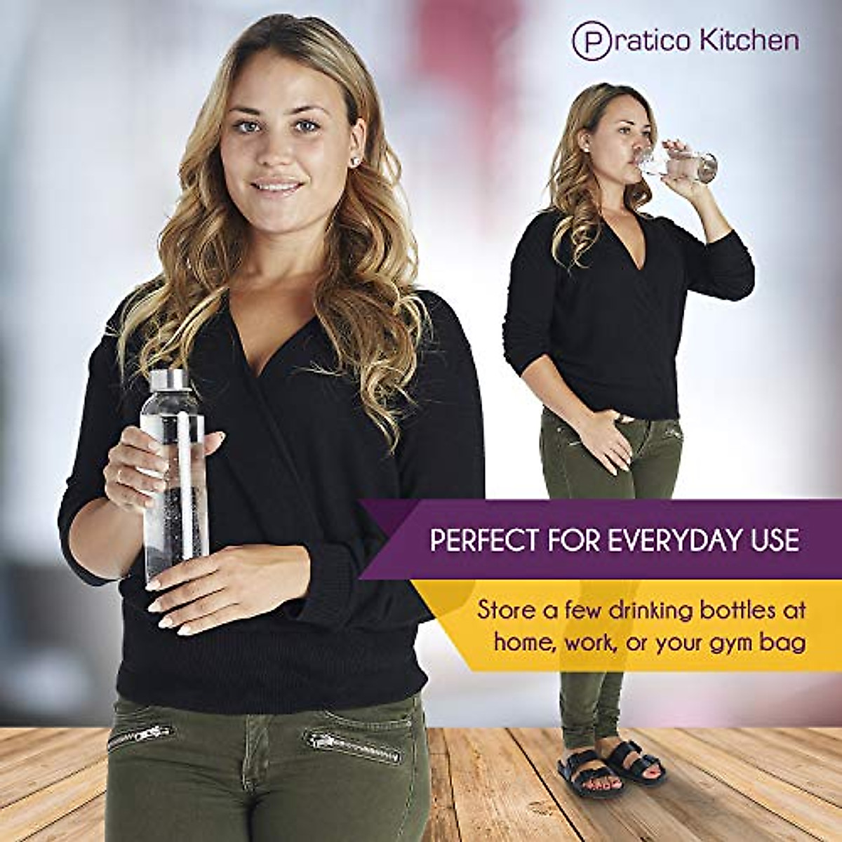 Pratico Kitchen 18 oz.Leak-Proof Clear Glass Bottles, Juicing Containers, Water / Beverage Bottles - 6-Pack