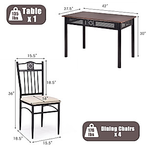 COSTWAY 5 Pieces Dining Table Set, Modern Kitchen Table Set for 4 Person, 42” Rectangular Table w/ 4 Upholstered Chairs, Bistro Table Set for Home, Coffee Shop & Restaurant (Brown)