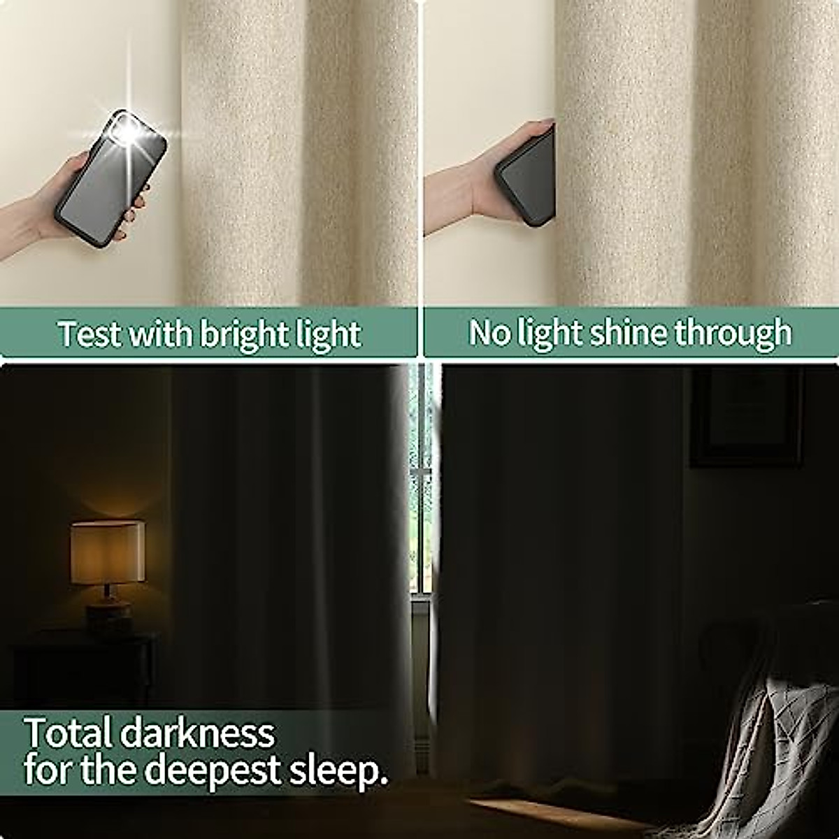 QUEMAS 100% Blackout Curtains for Bedroom Linen Look with White Backing, Grommet Total Light Blocking Thermal Insulated Boho Window Curtains for Living Room Noise Cancelling (52 x 72 Inch, Linen)