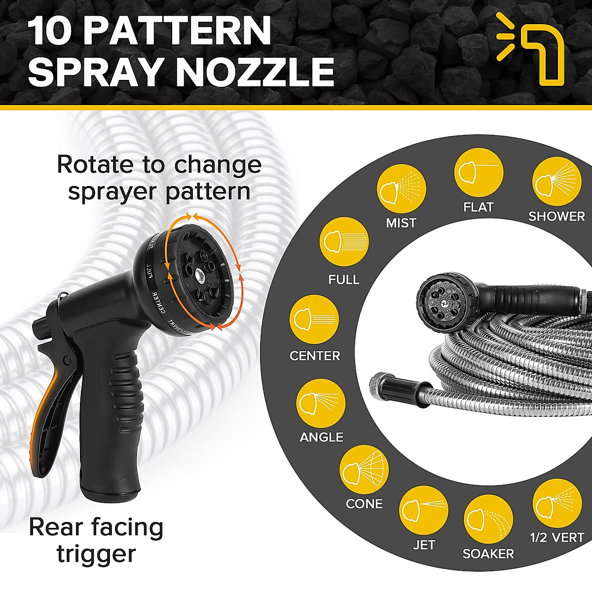 Garden Hose Water Hose 100ft 304 Metal Stainless Steel Water Pipe with 10 Function Sprayer & Metal Fittings Flexible Lightweight Hose Puncture Proof Hose for Yard, Outdoors, Rv