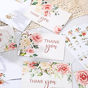 AnyDesign 32 Pack Thank You Cards with Envelopes Stickers Blush Floral Blank Note Cards Bulk 4 Design Flower Thank You Greeting Cards for Wedding Baby Shower Bridal Shower and All Occasions, 4 x 6
