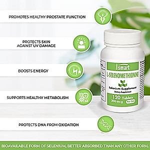 Supersmart - L-Selenomethionine 200 mcg per Day (Selenium Supplement) - Potent Antioxidant - Cells & DNA Protect - Immune Support | Non-GMO & Gluten Free - 120 Tablets