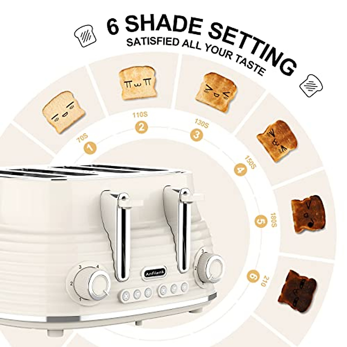 Anfilank 4-Slice Toaster, 1.5" Extra Wide Slots, Retro Stainless Steel with High Lift Lever, Cancel, Bagel, Defrost Function, Removal Crumb Tray, 6-Shade Settings, Dual Independent Control Panel, (Cream)