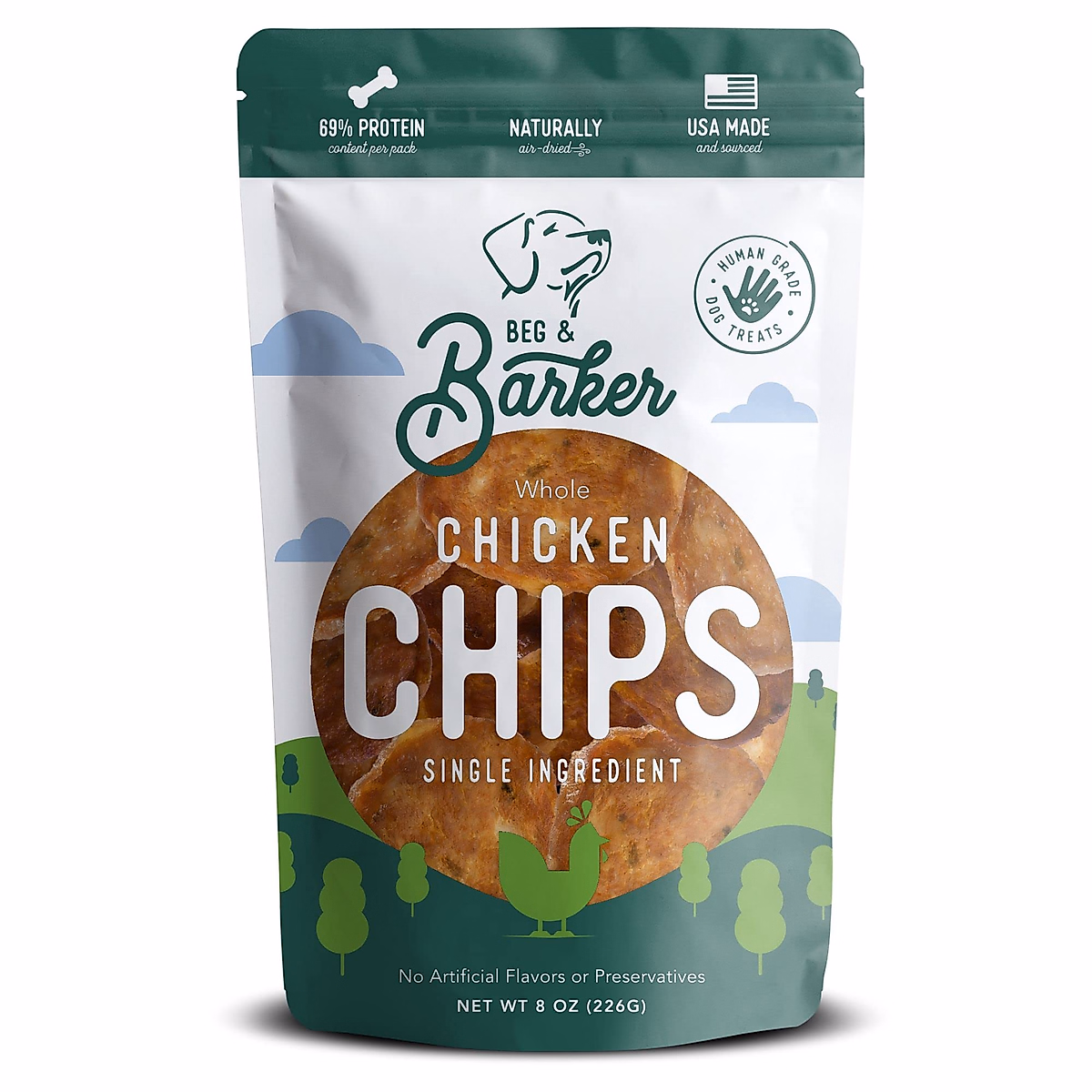 Beg & Barker Chicken Chips for Dogs (8oz, Pack of 1) - Single Ingredient Dog Treats Made for Small and Large Dogs Protein Human Grade Dog Treats Made from Real Meat Chicken, Made in USA