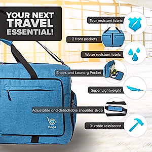 Bago Large Foldable Duffel Bags for Traveling Women & Men - 100L Packable Duffle Bag for Travel with Shoe Compartment - Water Repellant, Heavy Duty, Lightweight Folding & Collapsible (SnowBlue)