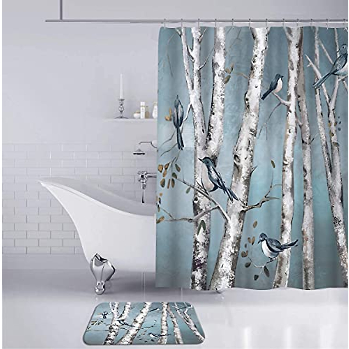 DuoBaorom 4 Pieces Set Birch Tree Shower Curtain Set Abstract Blue White Forest Birds Picture on Non-Slip Rugs Toilet Lid Cover Bath Mat and Bathroom Curtain with 12 Hooks 72x72inch
