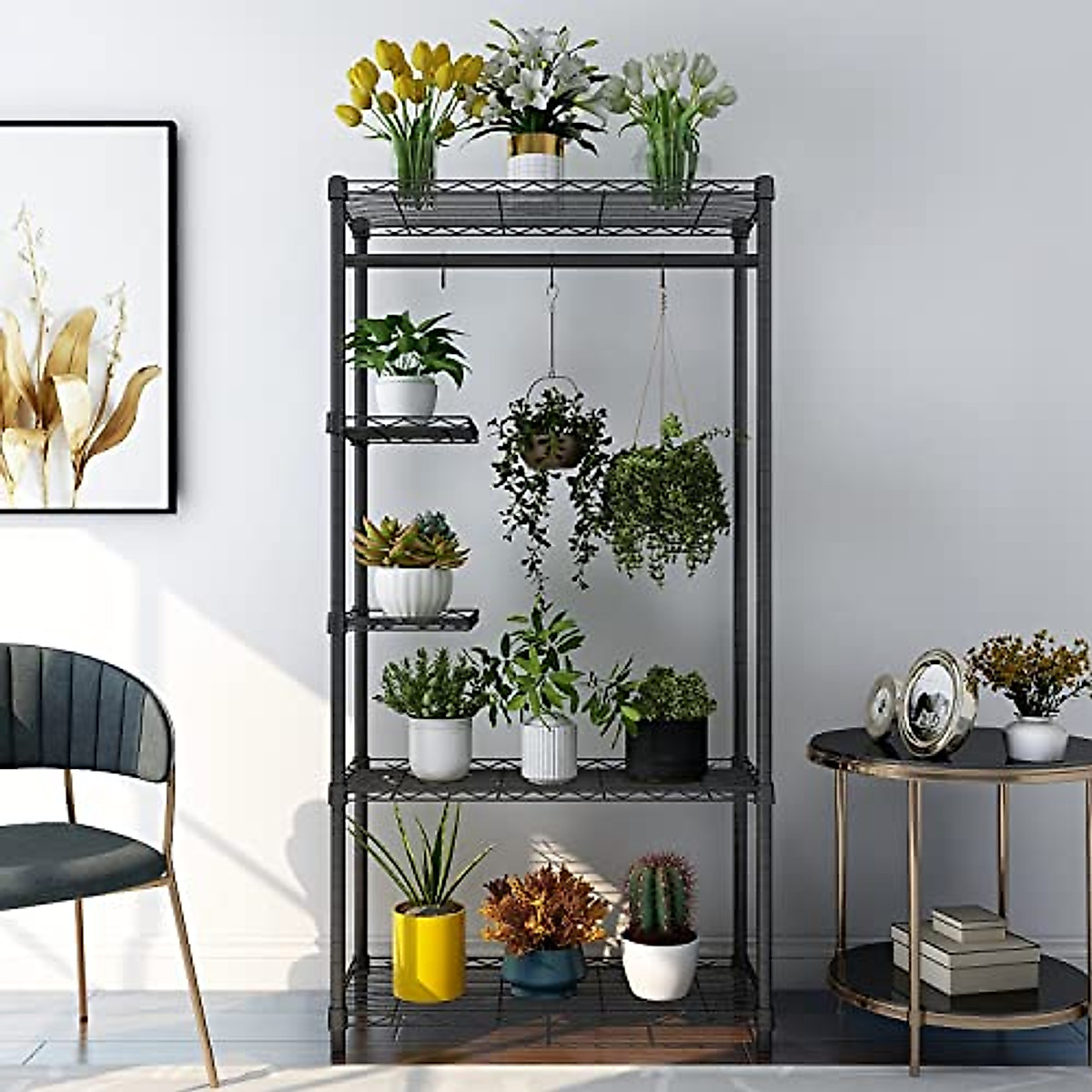 Xiofio 5-Tier Plant Stand for Indoor Outdoor, Large Multiple Flower Pot Holder Rack Tall Plant Stand ，Hanging Plant Stand ,Adjustable Plant Stand Suitable for Bedroom Living Room Balcony Garden,Black
