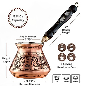 BCS 12 Oz Copper Turkish Greek Arabic Coffee Pot with Wooden Handle (4 servings) Cezve Ibrik Briki Stovetop Coffee Maker (Includes Wooden Spoon)