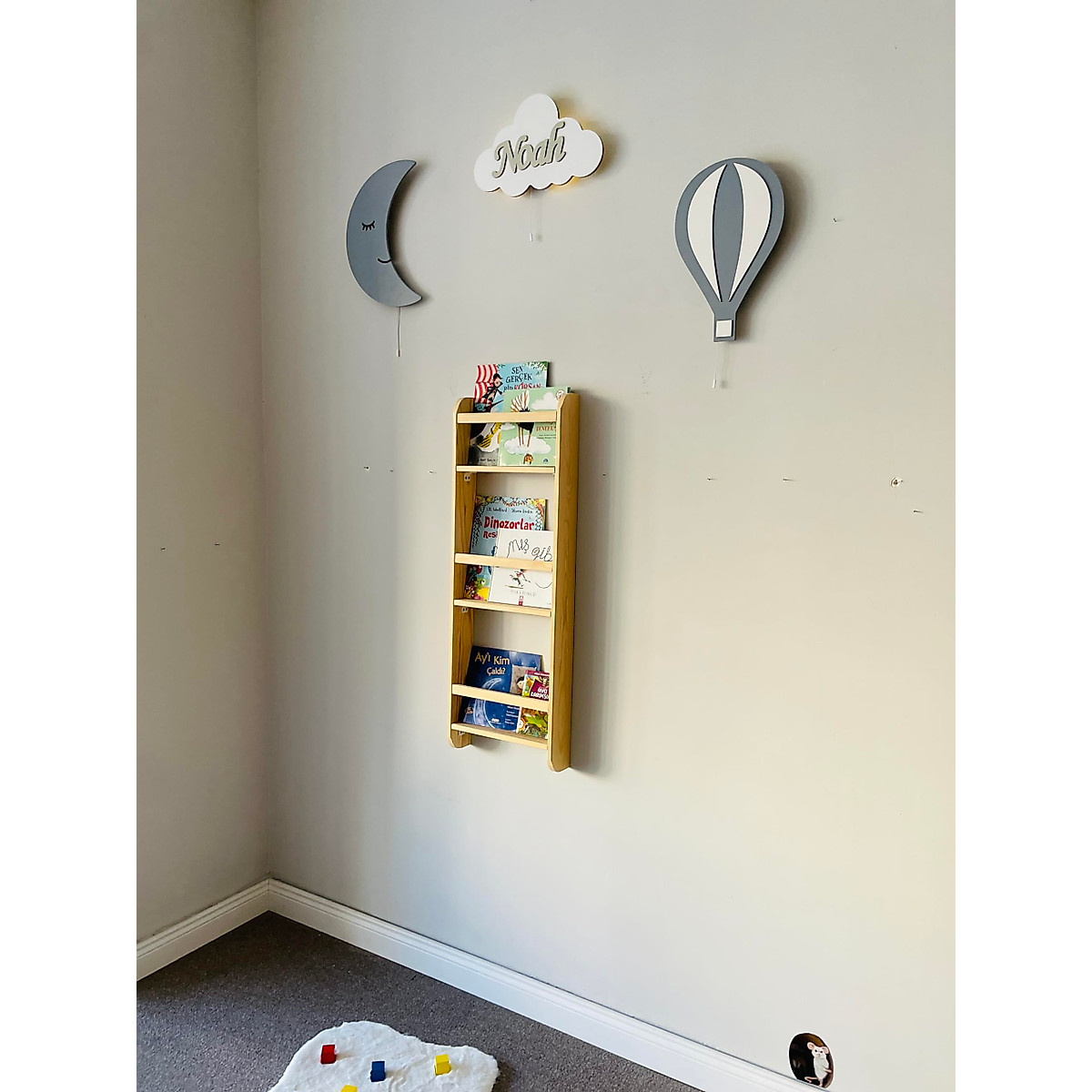 Furpinea 3 Tier Natural Wood Handmade Montessori Kids Bookshelf, Wall Mounted Space Saver Children for Nursery (Wide 24" Width, Natural)