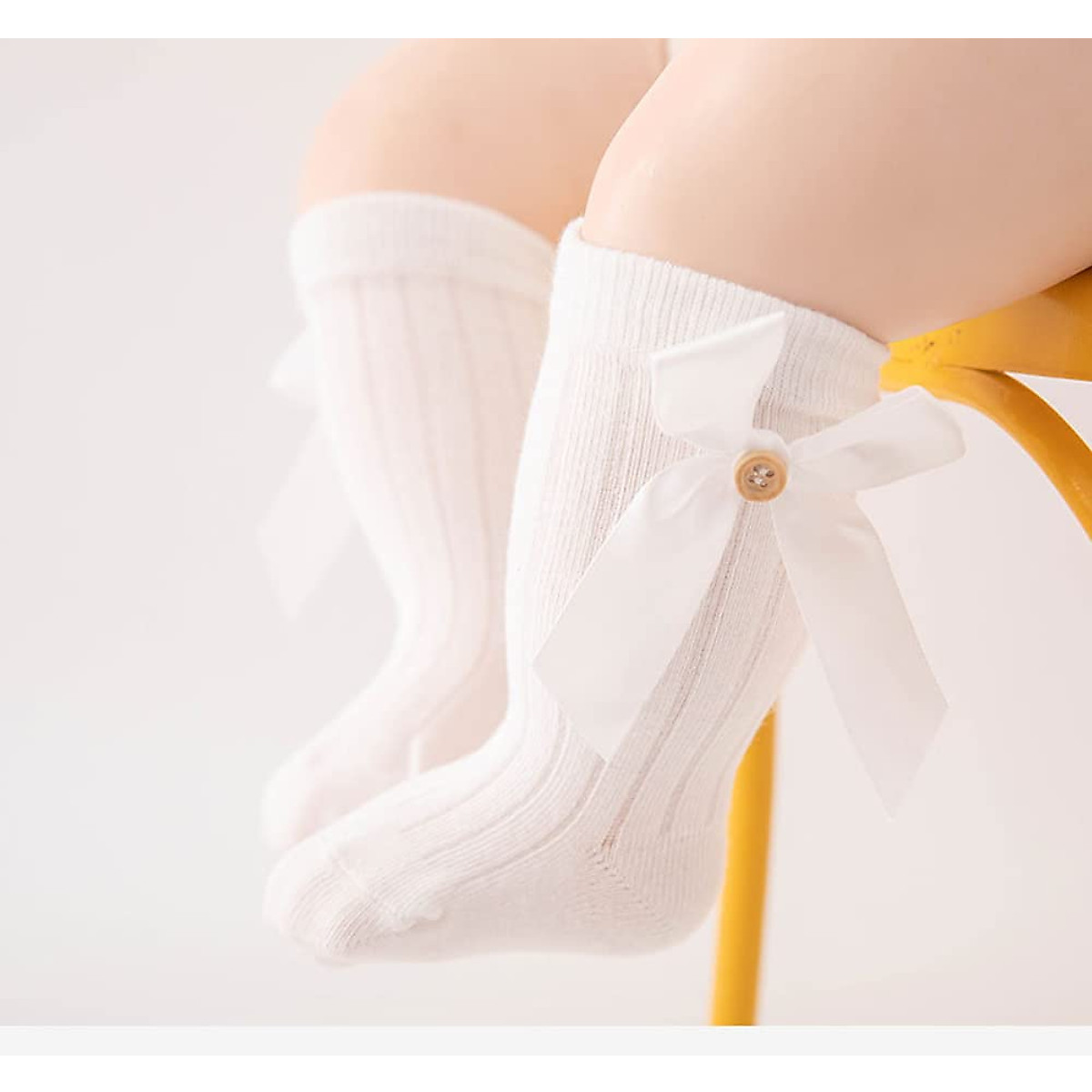 QandSweet Baby Newborn Knee High Socks Seamless Toddler Girls' Big Bow Button Cotton Stockings 0-6 Months