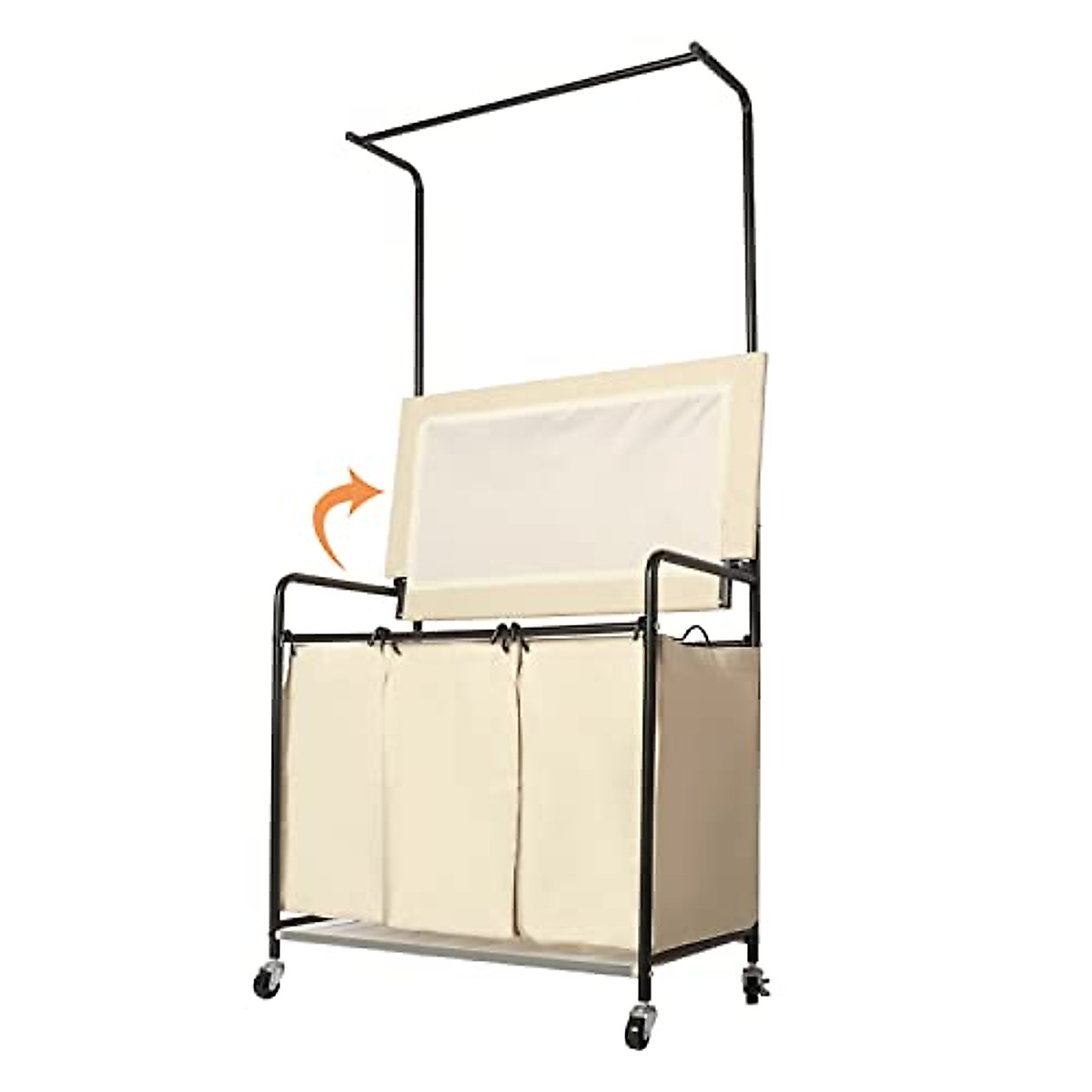 Rolling Laundry Sorter Cart with Wheels Heavy-Duty Laundry Hamper Sorter Cart with Ironing Board，3 Removable Bags, and Attached Steel Hanging Bar (Beige)