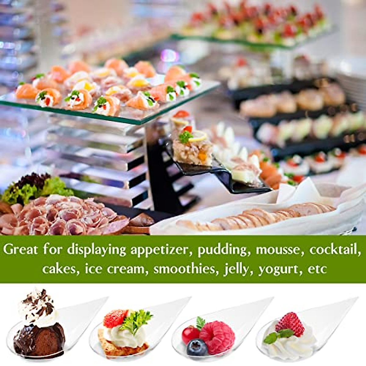 TOFLEN 100ct 4 Inch Mini Appetizer Plates with Tasting Forks - Reusable Clear Plastic Party Serving Trays Mini Plates for Appetizers and Desserts - Tear Drop Tasting Spoon Mini Dish Bowls