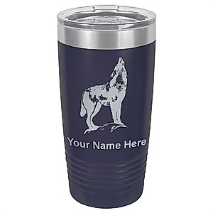 LaserGram 20oz Vacuum Insulated Tumbler Mug, Howling Wolf, Personalized Engraving Included (Navy Blue)