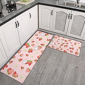 Strawberry Cat Kitchen Mats Set 2 Piece Pink Strawberry Printed Floormat 2-Piece Non Slip Comfort Kitchen Rugs Low-Profile Home Decorative Modern Kitchen Rug Heavy