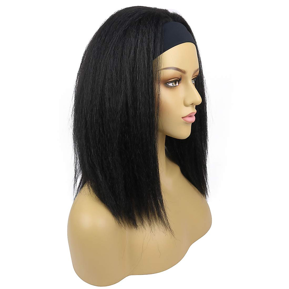 Tgezer Kinky Straight Headband Wigs for Women Synthetic Short Black Yaki Straight Wig with Headbands Attached 16inch Glueless Wig for Daily Party Use