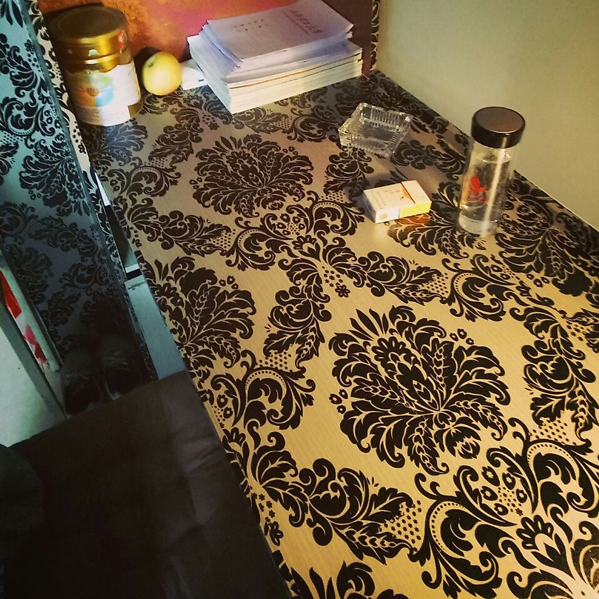 LovingWay Retro Damask Shelf Liner 17.7x177 Inch Peel & Stick Drawer Lining Paper Upgrade Worn Shoe Organizers Makeup Table Brown-Black