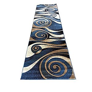 Nikos Modern Wide Runner Area Rug Blue Sculpture Design 258 (32in.X7ft.)