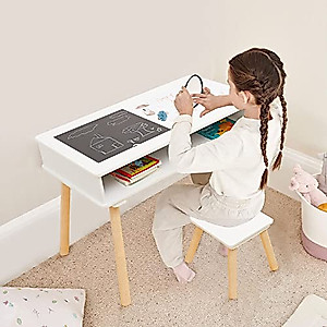 Toffy & Friends Kids Activity Table Set 2 in 1 Wooden Building Block Desk w/Storage Double-Sided Tabletop for Toddler Arts, Crafts, Drawing, Reading, Playing (White & Gray)