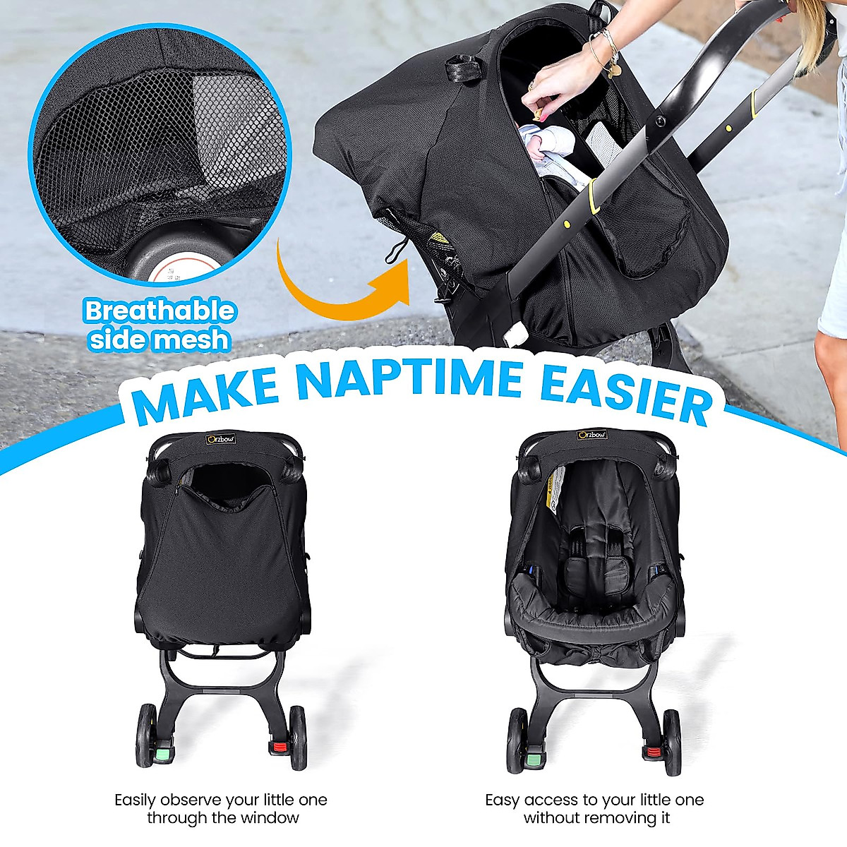 Orzbow Universal Baby Car Seat Sun Shade, Infant Car Seat Sun and Sleep Shade Cover with Storage Bag, Breathable and Blocks UP to 99% of The Sun's Rays(UPF 50+), Protects Babies from Sun's Rays, Black
