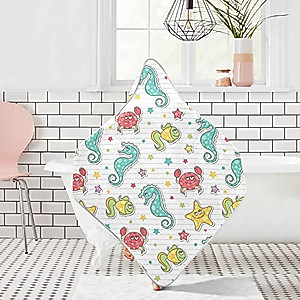 Pigsaly Starfish Seahorse Crab Fish Star Hooded Baby Towel Cartoon Sea Creatures Baby Bath Towel Unisex Soft Organic Cotton Washcloths Toddlers Shower Gifts for Boys Girls Newborn 30 x 30 in