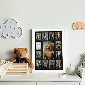 Northland Baby First Year Personalized Frame - Holds Twelve 2.5" x 3.5" Newborn Nursery Decor Photos and 5" x 7" One Year Picture, White Frame, White Mat, Customizable with any name