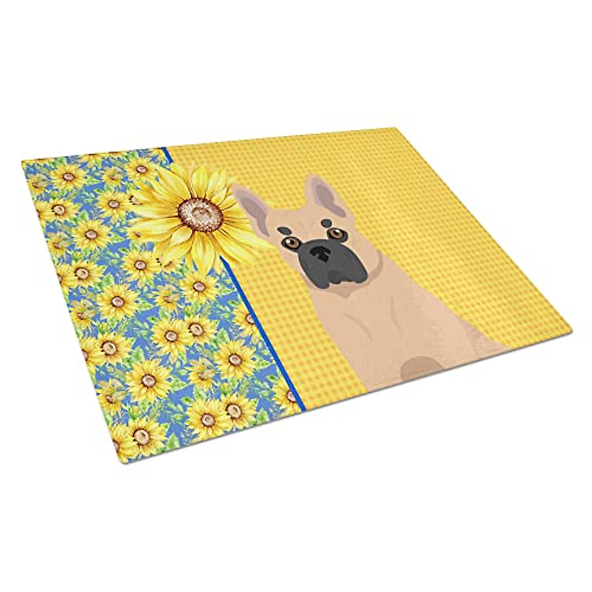 Caroline's Treasures WDK5420LCB Summer Sunflowers Fawn French Bulldog Glass Cutting Board Large Decorative Tempered Glass Kitchen Cutting and Serving Board Large Size Chopping Board