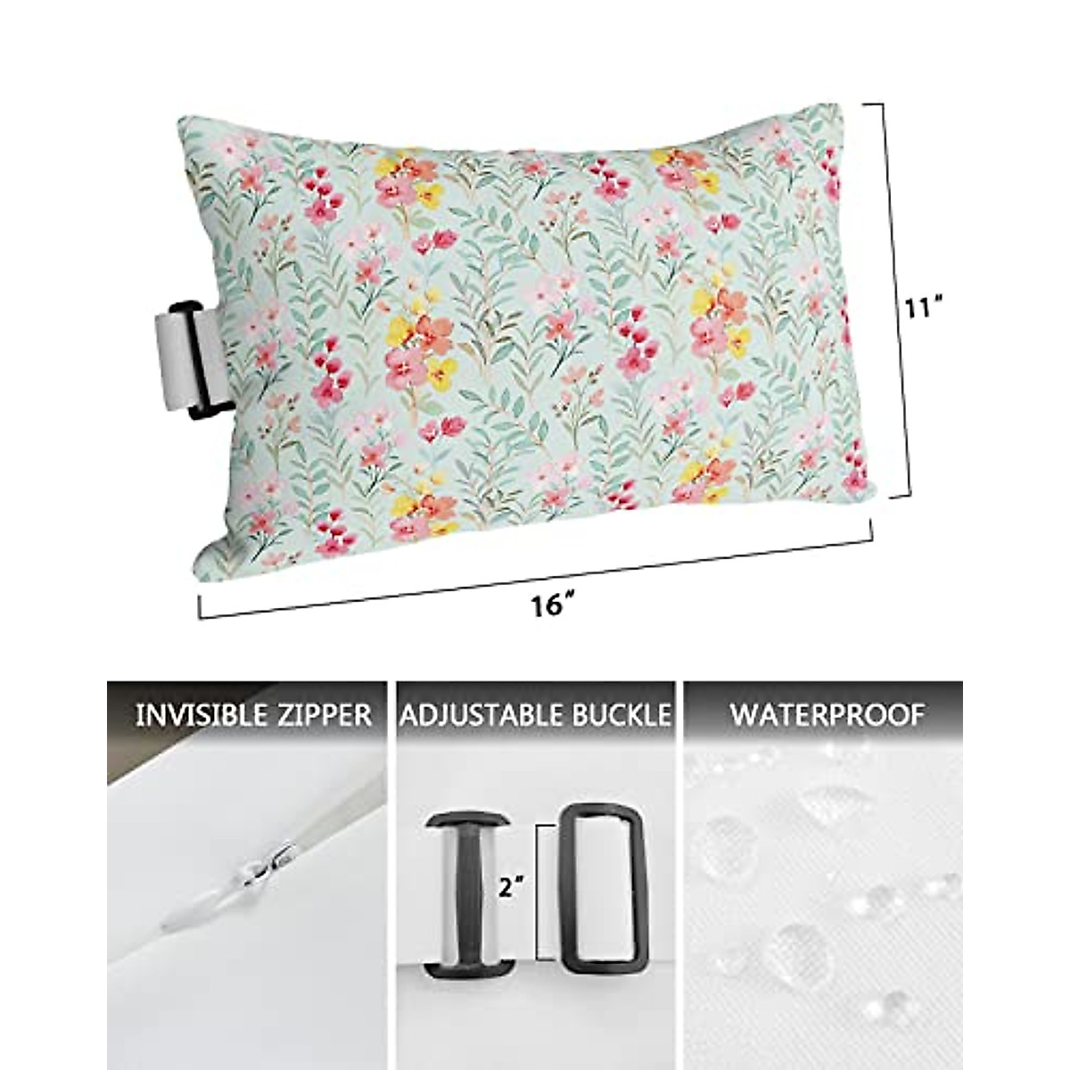 Recliner Head Pillow Ledge Loungers Chair Pillows with Insert Summer Colorful Flowers Leaves Lumbar Pillow with Adjustable Strap Outdoor Waterproof Patio Pillows for Beach Pool Chair, 2 PCS