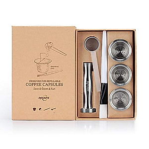 RECAPS Reusable Coffee Filter Capsules Compatible with Nespresso Original 3PCS Refillable Coffee Pods Permanent Coffee Filter Stainless Steel 120PCS Aluminum Foil Lids Coffee Tamper