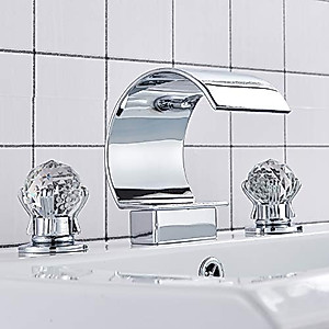 FUZ High Arc Waterfall Spout Bathroom Sink Faucet 3 Holes 2 Crystal Knobs Vanity Basin Mixer Tap 8-inch and Upwards Widespread Bathtub Filler Faucet,Chrome Finish