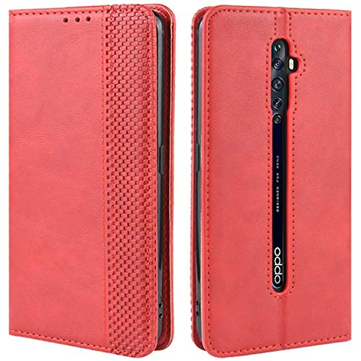 HualuBro Oppo Reno 2Z Case, Retro PU Leather Wallet Flip Folio Shockproof Phone Case Cover with [Kickstand] [Card Slots] [Magnetic Closure] for Oppo Reno2 F / Reno2 Z (Red)