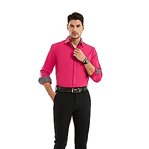 Esabel.C Mens Casual Button Down Shirts Rugular Fit Long Sleeve Fashion Shirts,Rose,L